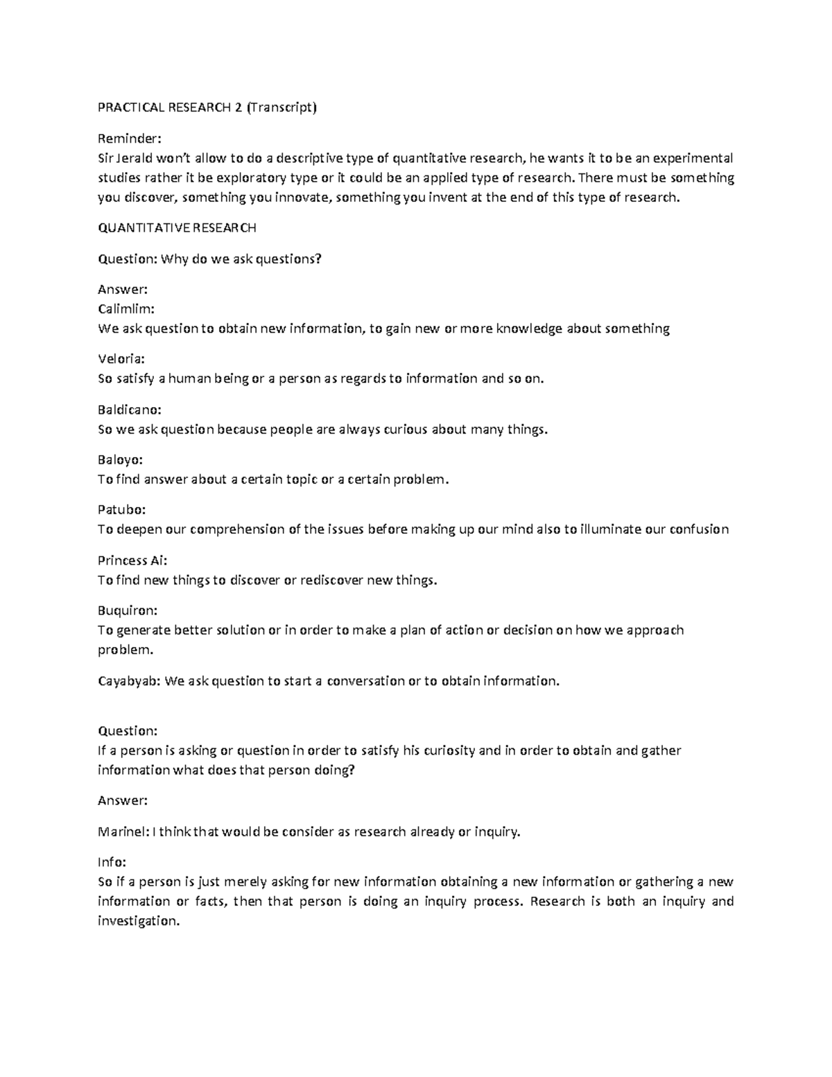 Practical Research 2 notes - PRACTICAL RESEARCH 2 (Transcript) Reminder ...