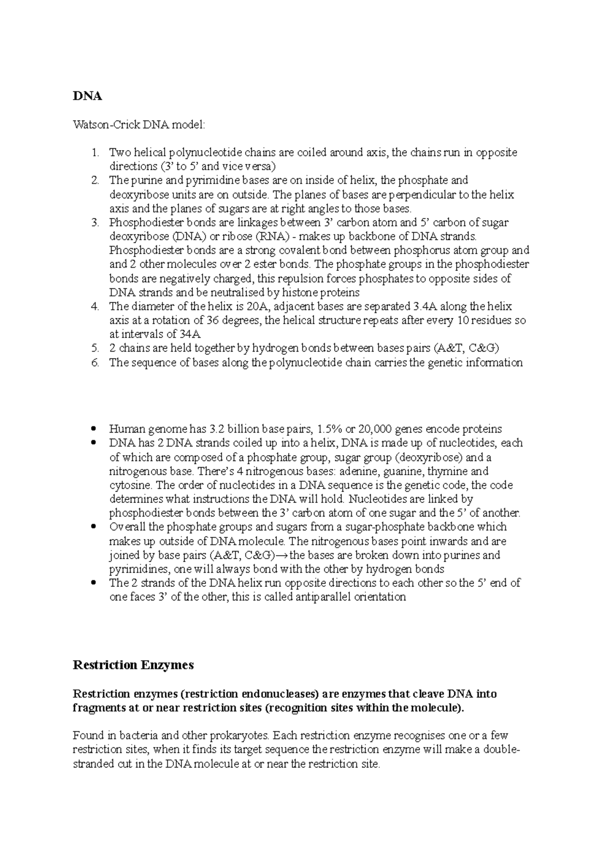 Lecture 1 DNA - Notes on DNA structure - DNA Watson-Crick DNA model ...