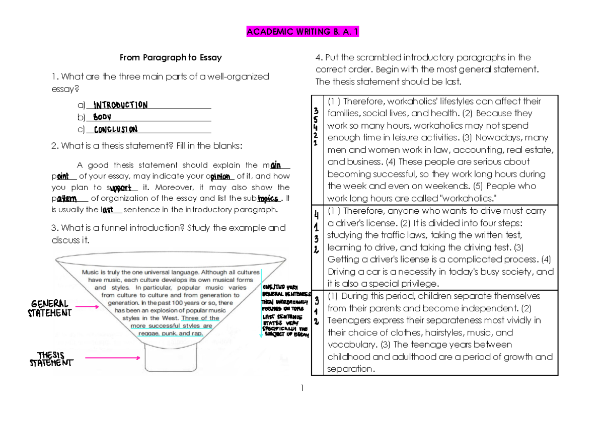 From paragraph to essay - handout - Academic Writing B.A 1 - SWPS - Studocu