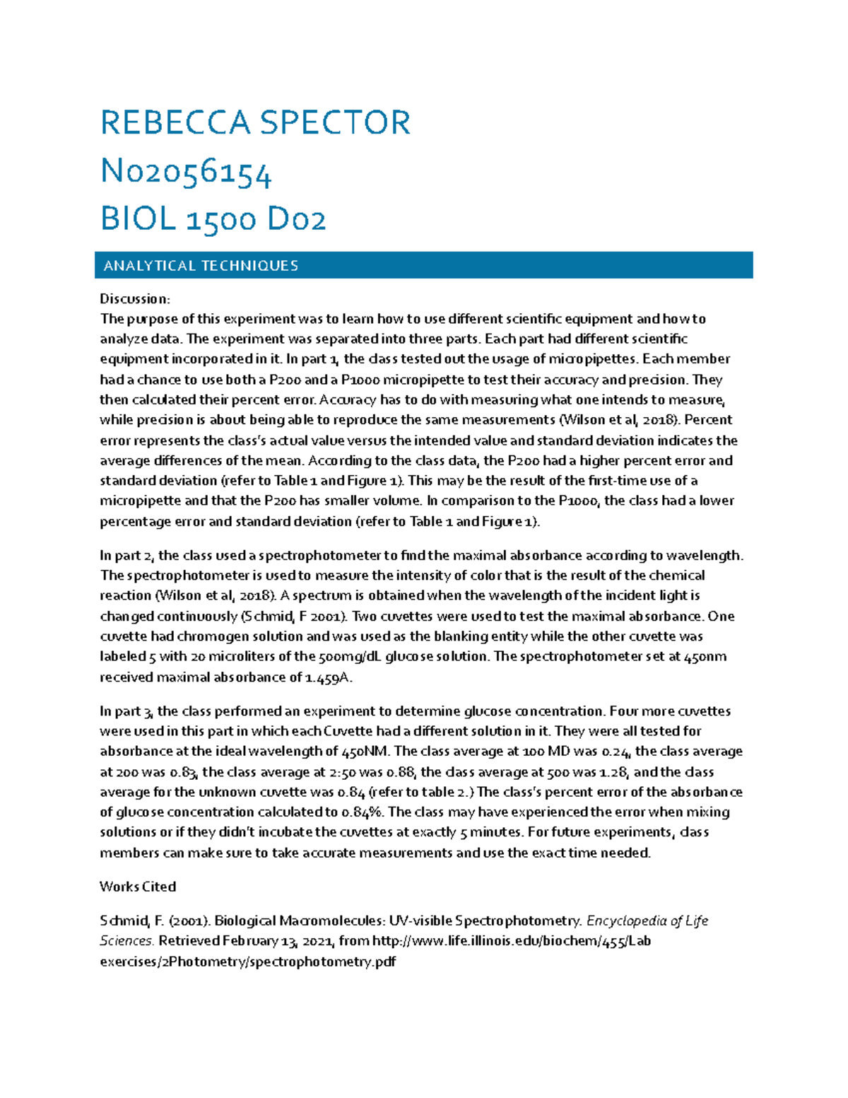 Bio 1500 Lab 3 Report - REBECCA SPECTOR N BIOL 1500 D ANALYTICAL ...