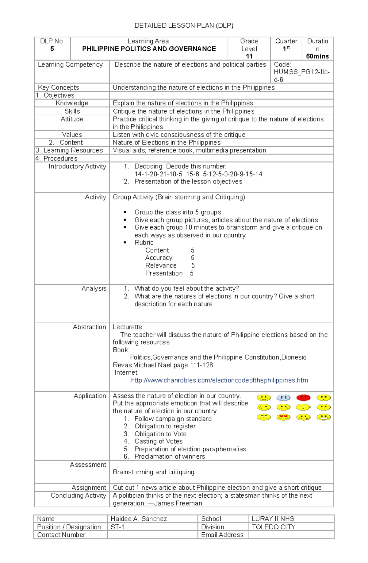 Dlp-5 - lesson plan - DETAILED LESSON PLAN (DLP) DLP No. 5 Learning ...