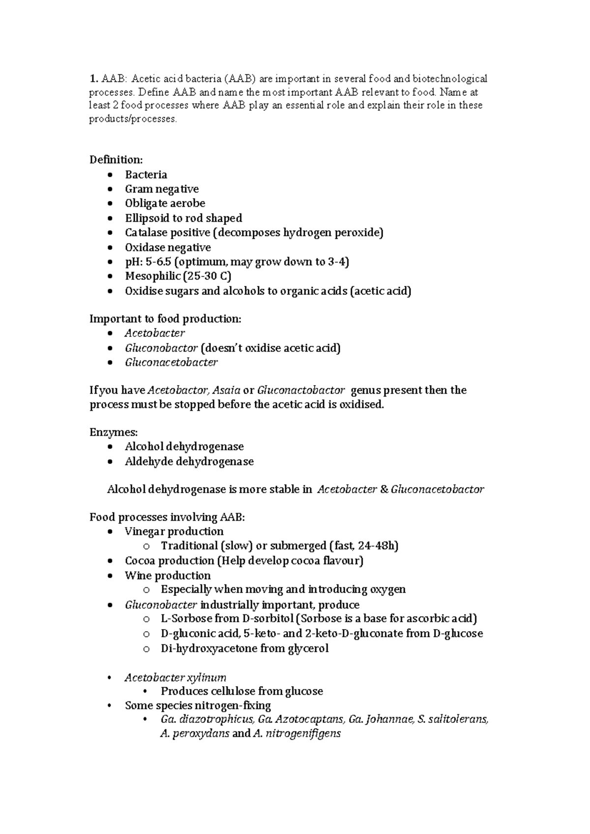 Exam notes final - AAB: Acetic acid bacteria (AAB) are important in ...