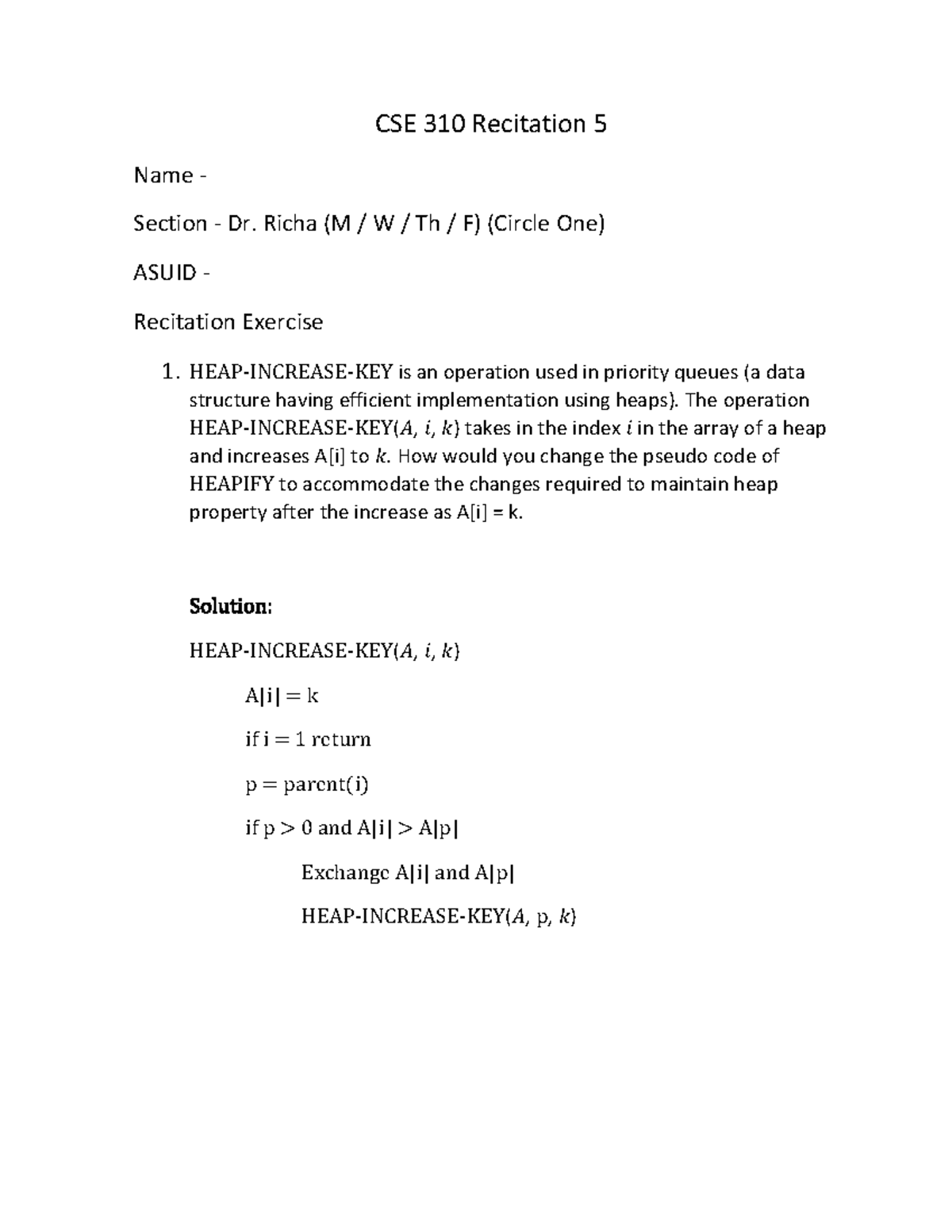 Cse 310 Recitation 5 Solution Cse 310 Recitation 5 Name Section Dr Richa M W Th F Circle