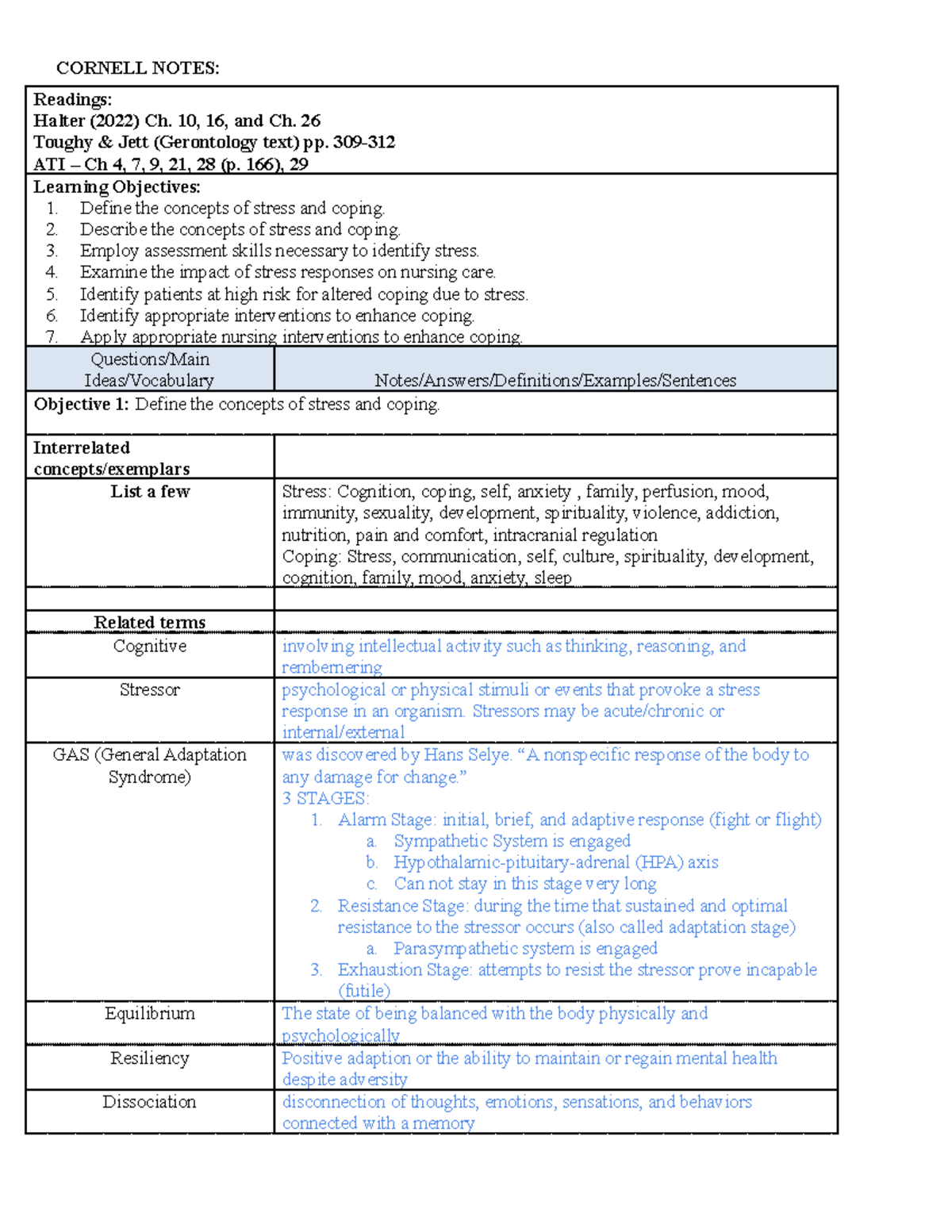 Stress and coping notes 8.32.24 PM - CORNELL NOTES: Readings: Halter ...