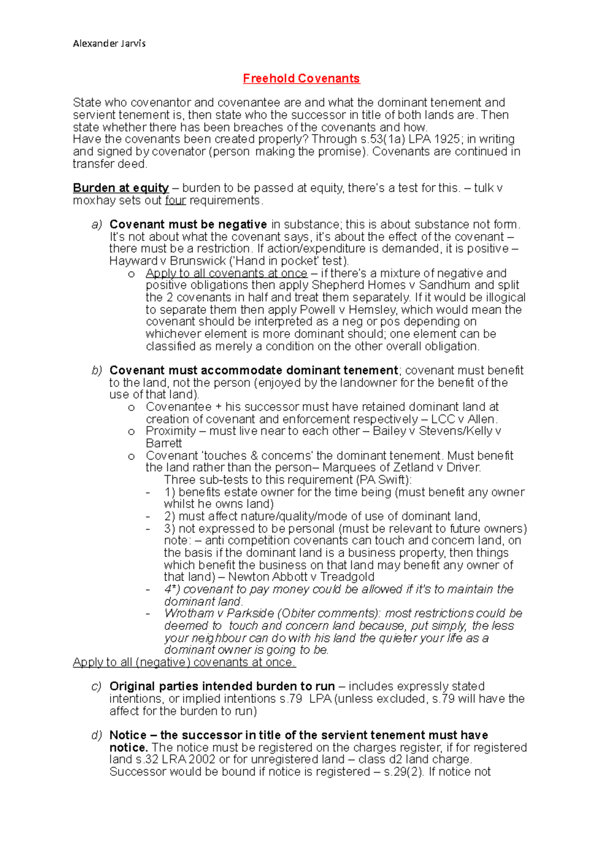 Freehold Covenants Land Law A Simplified - Alexander Jarvis Freehold ...