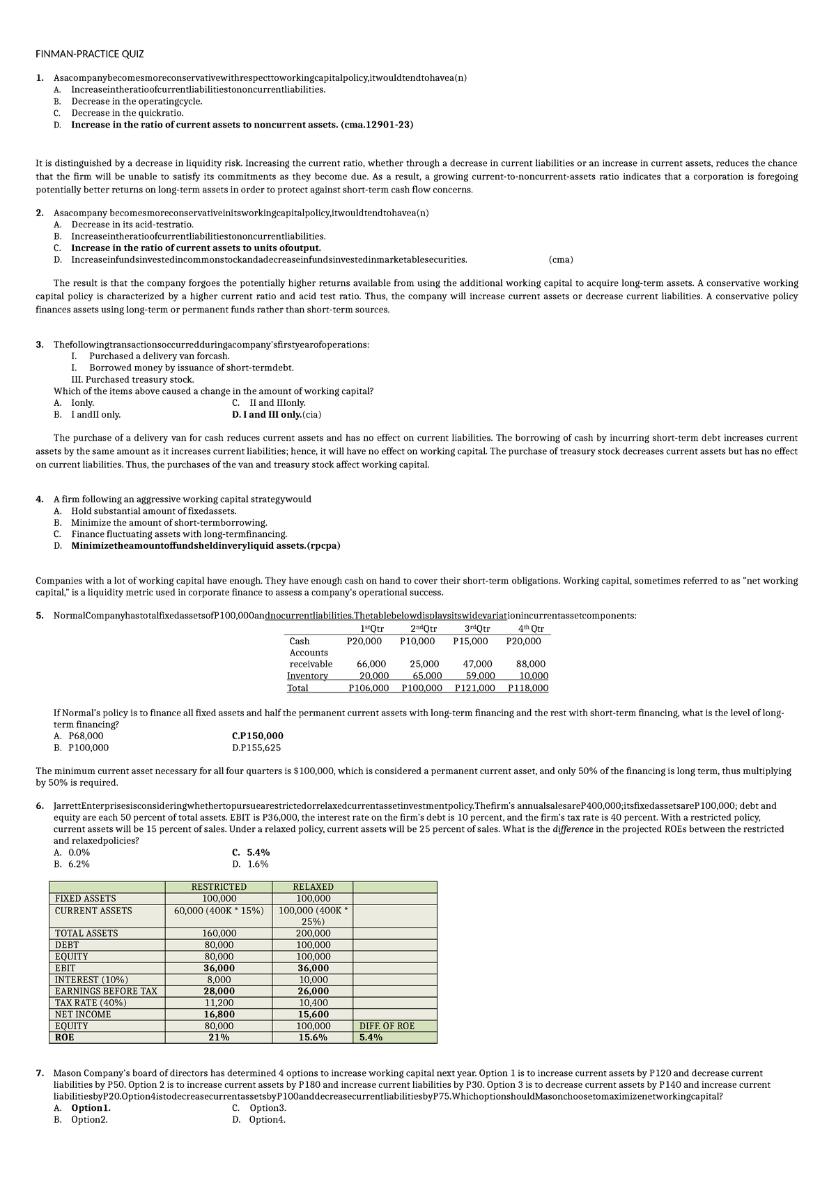 FIN MAN Practice QUIZ - FINMAN-PRACTICE QUIZ 1. - Studocu