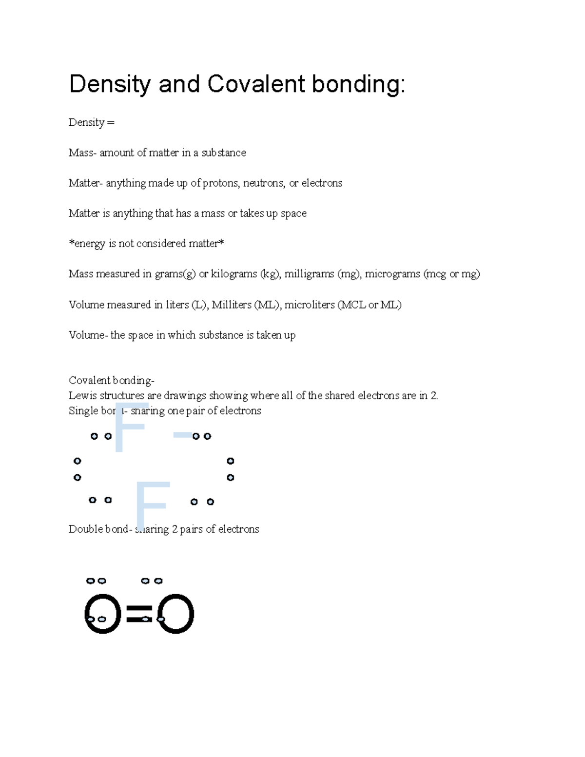 Stu Docu Chemitry notes - Density and Covalent bonding: Density = Mass ...