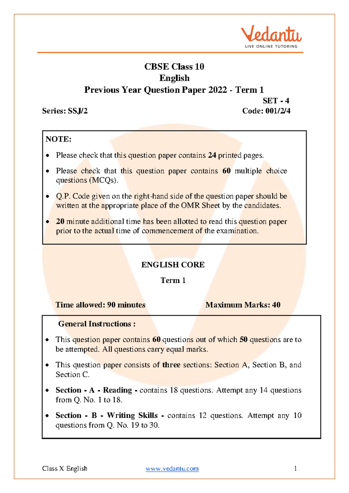 Cbse class 12 english core term1 solved question paper 2022 - CBSE Class 1 0 English Previous ...