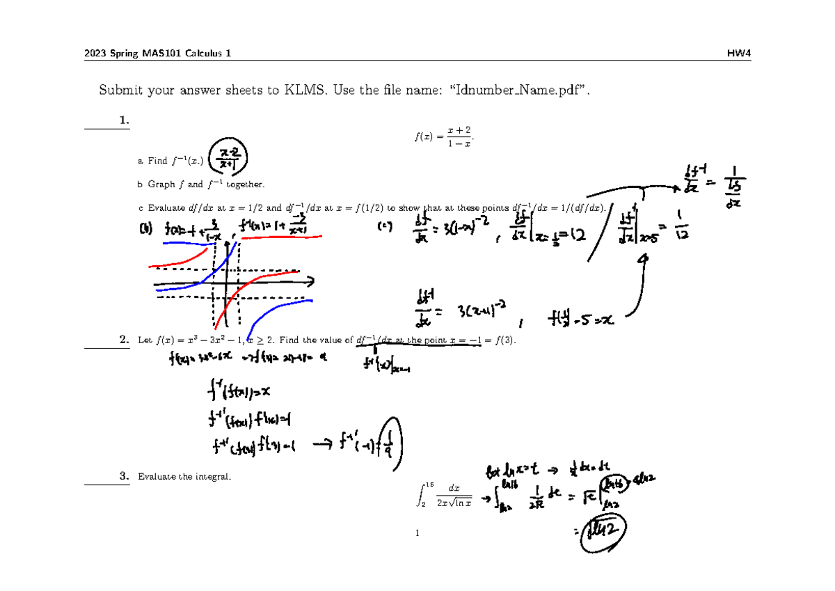 2023S MAS101 HW4 - homework - 2023 Spring MAS101 Calculus 1 HW Submit your answer sheets to KLMS ...