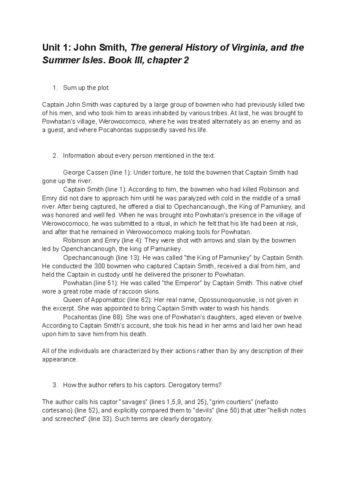 Unit 1 John Smith Exploratory Questions - Unit 1: John Smith, The ...