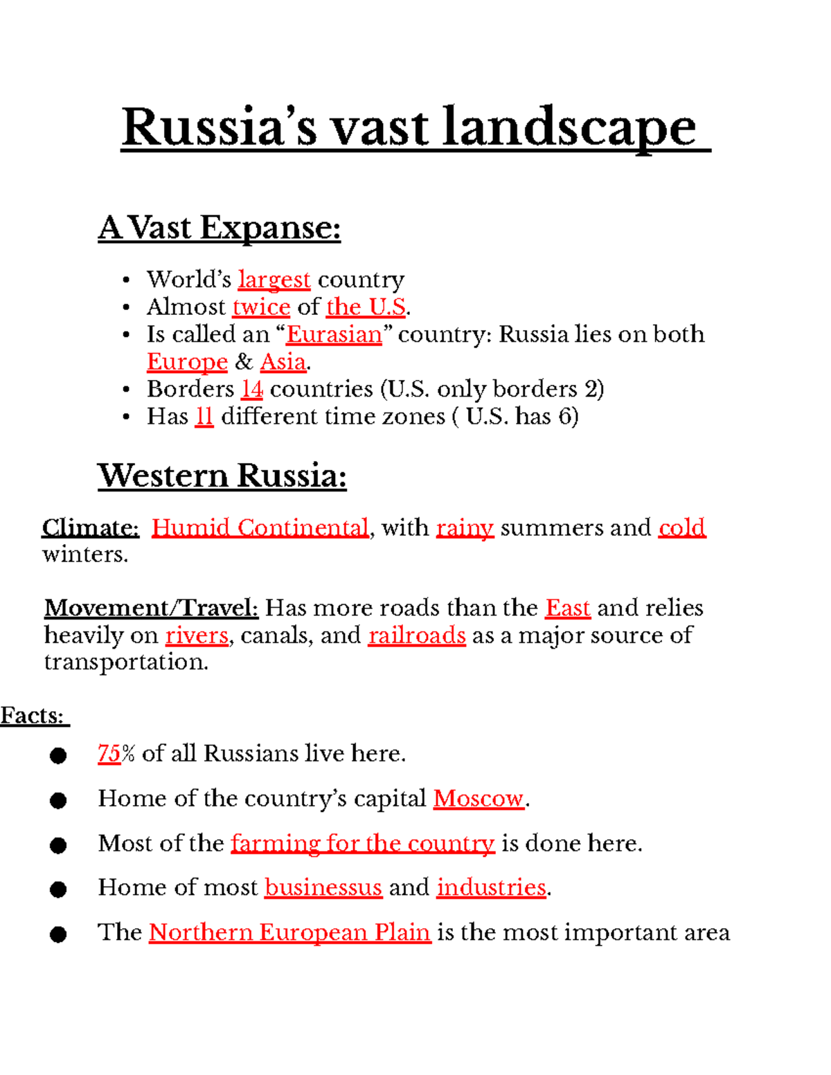 Russia's Climate and Landscape Notes - Russia’s vast landscape A Vast ...