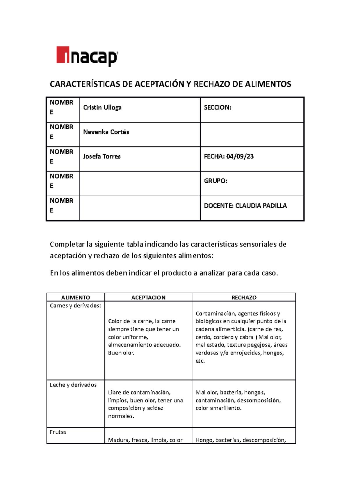Trabajo Aceptación Y Rechazo. 1 - CARACTERÍSTICAS DE ACEPTACIÓN Y ...