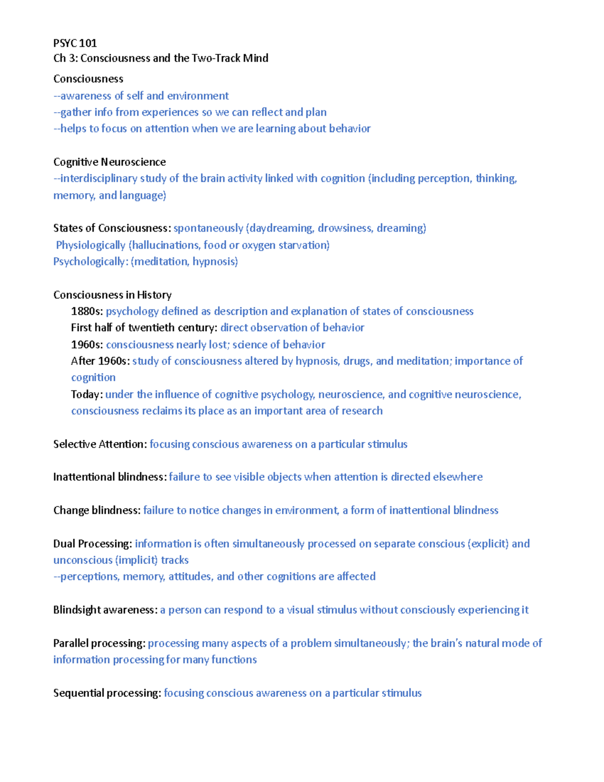 Ch 3 consciousness - PSYC 101 Ch 3: Consciousness and the Two-Track ...