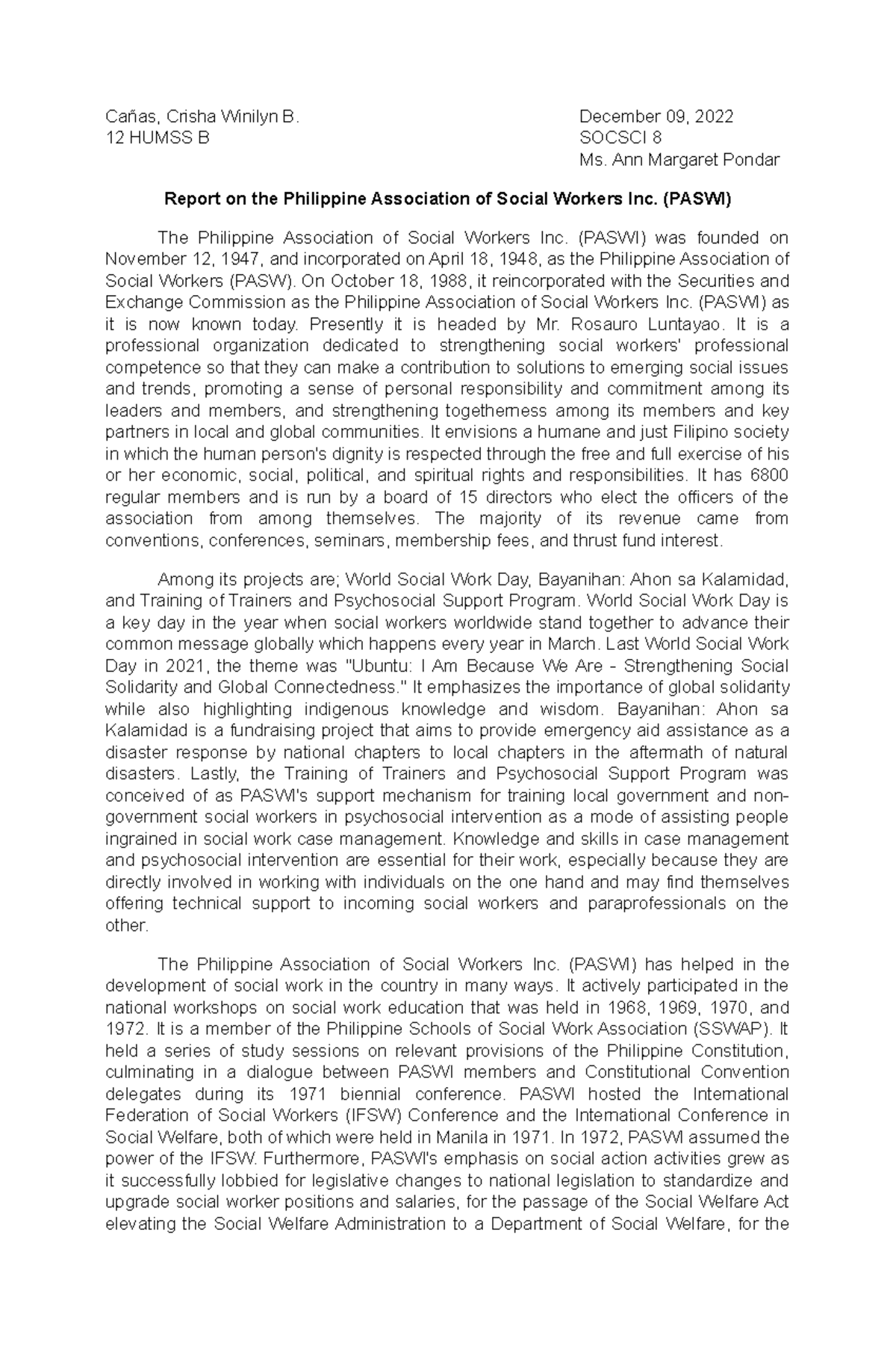 Report on the Philippine Association of Social Workers Inc. ( Paswi ...