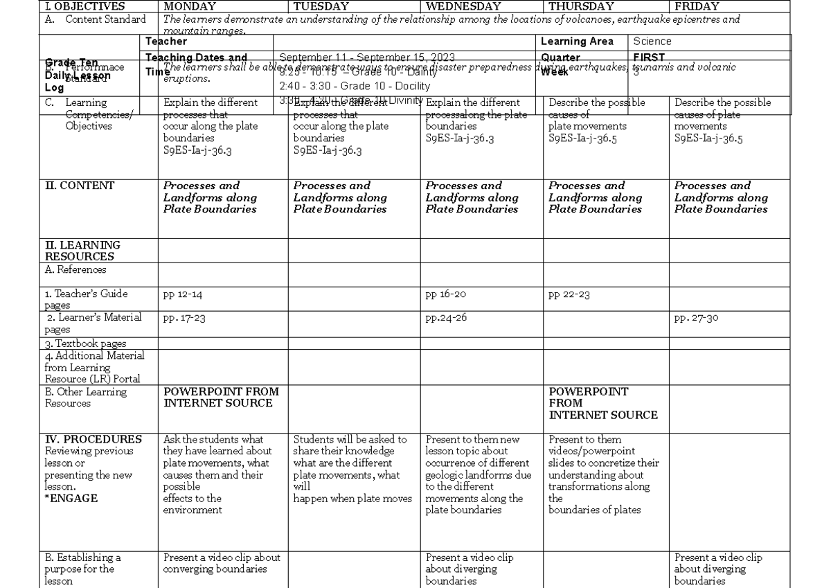 Science 10 Q1 W3 DLL - Grade Ten Daily Lesson Log Teacher Learning Area ...