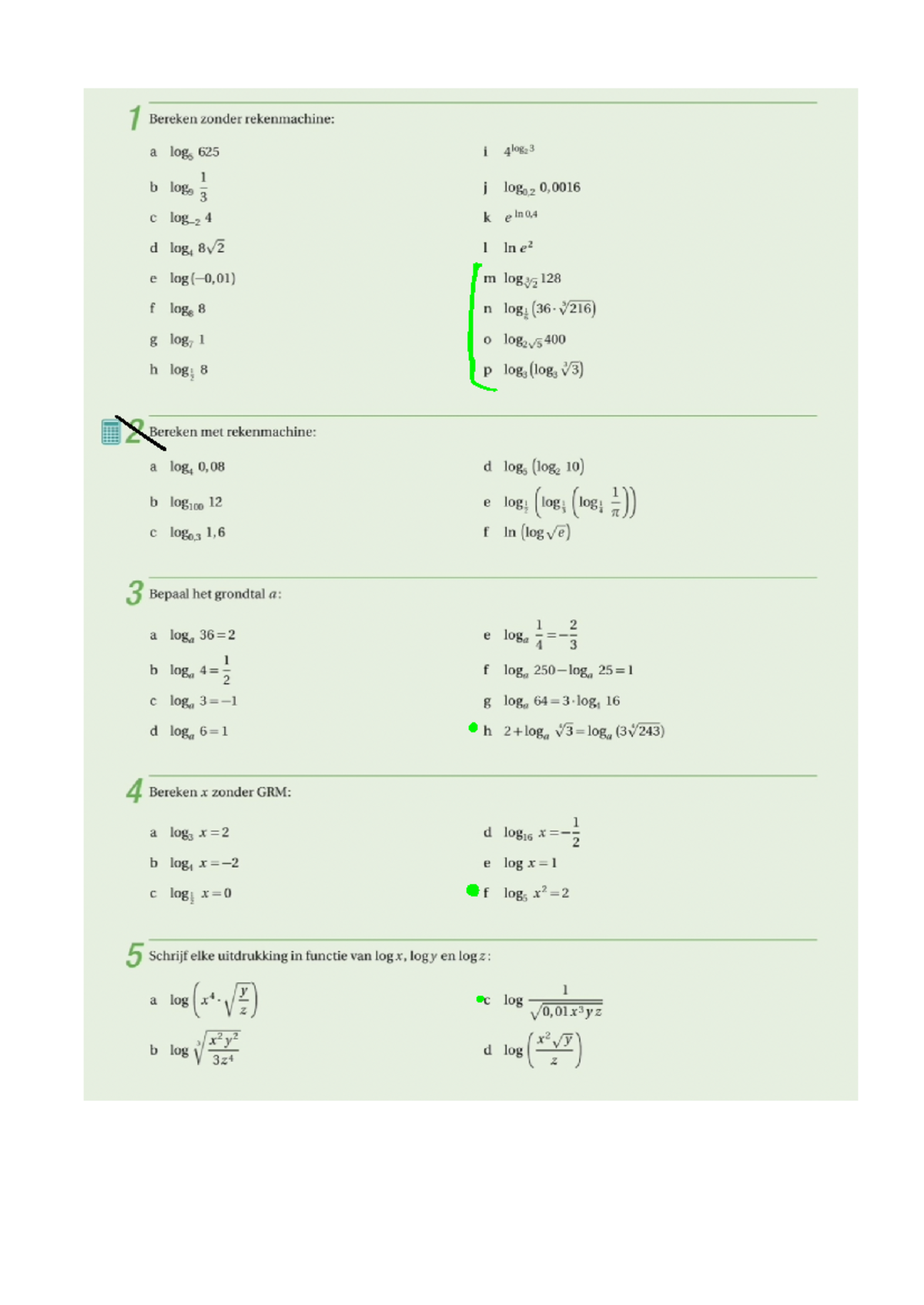 Oefeningen Logaritmische Functies - 1 Bereken zonder rekenmachine: a ...