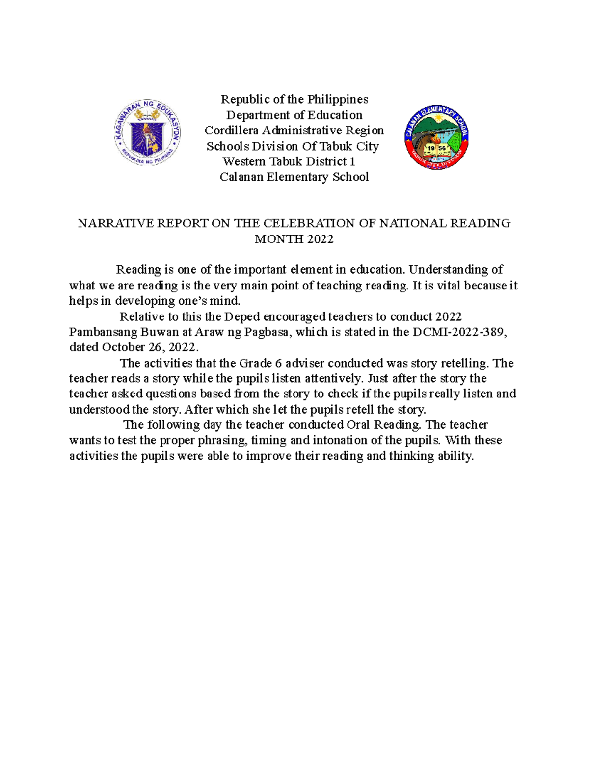 Classroom-Reading-Report-22 - Republic of the Philippines Department of ...