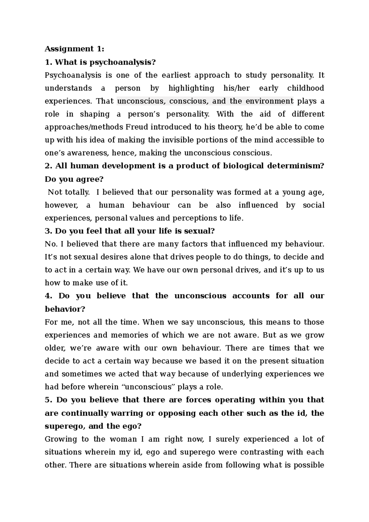 Sigmund Freud - Psychoanalytic Theory - **Assignment 1: What is ...