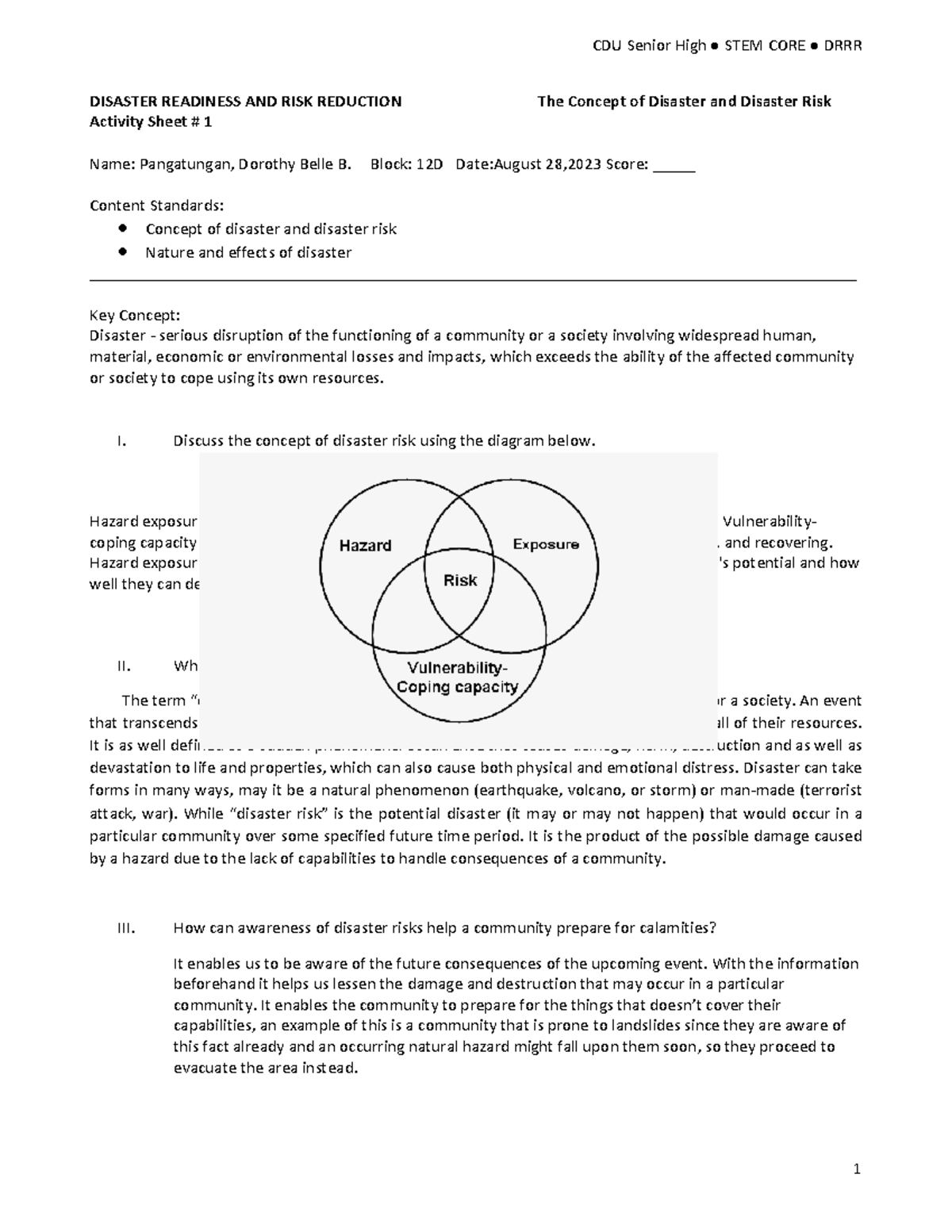 DR3notes on quiz - CDU Senior High STEM CORE DRRR 1 DISASTER READINESS ...