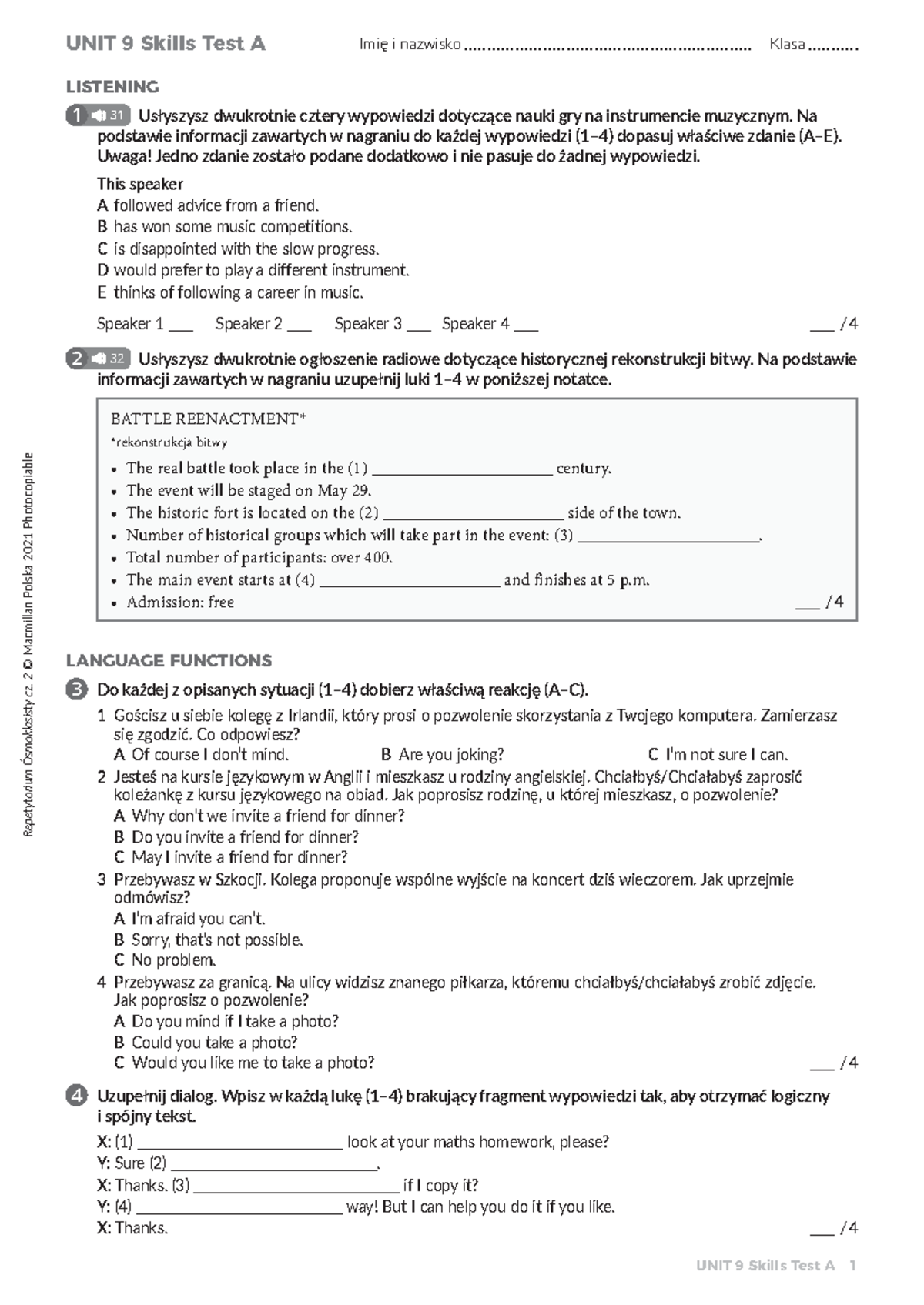 Unit 9 Skills Test A - ang - Imię i nazwisko Klasa Repetytorium ...