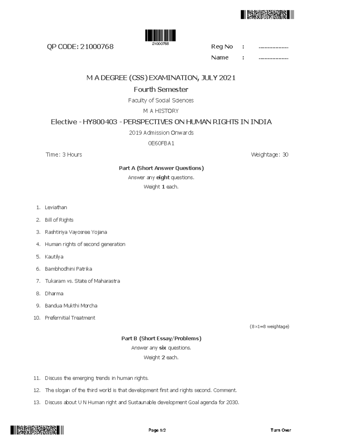 HR - Human rights in india qp - QP CODE: 21000768 Reg No ...