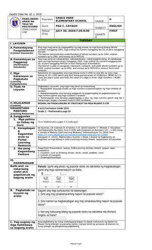 JULY 31-DLL-MATH 2-Q1-W1 - WEDNESDAY I. LAYUNIN A. Pamantayang ...