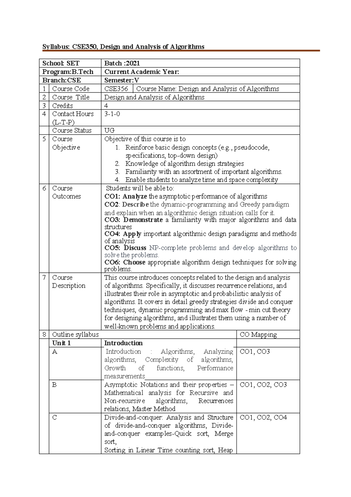Syllabus CSE356 Design and Analysis of Algorithm - Syllabus: CSE350, Design and Analysis of ...