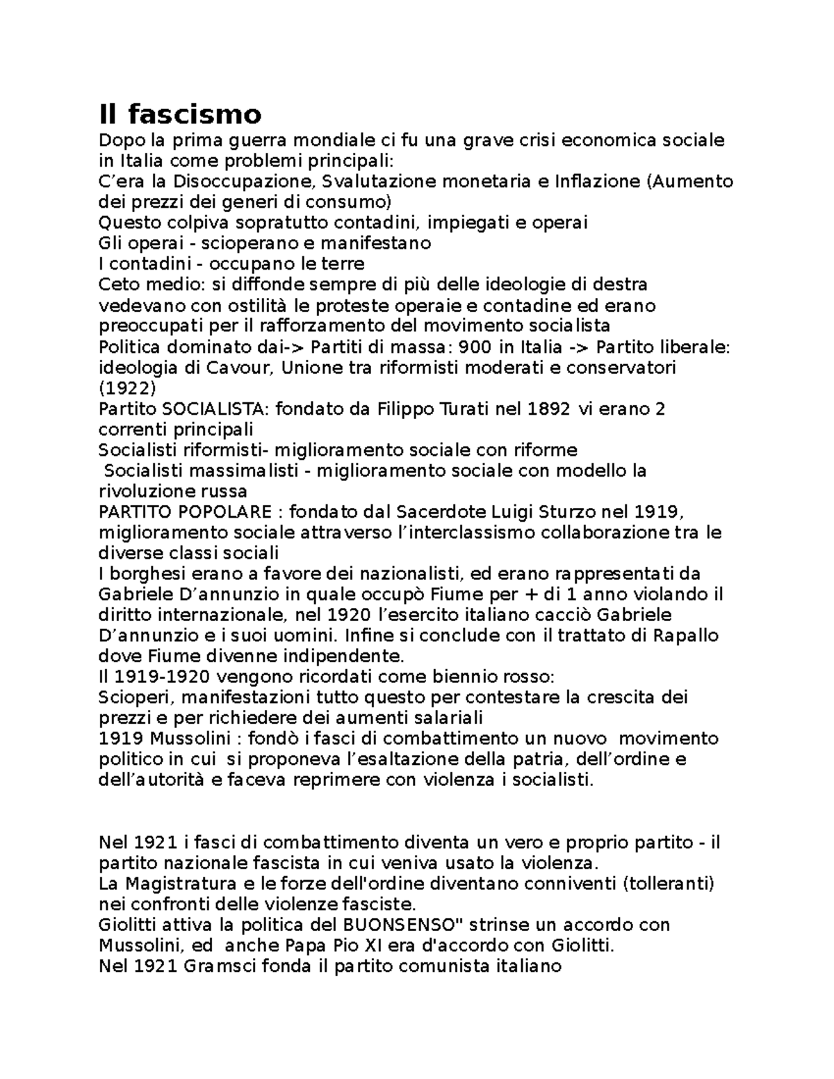 Il fascismo - 5 anno (maturità riassunto) - Il fascismo Dopo la prima ...