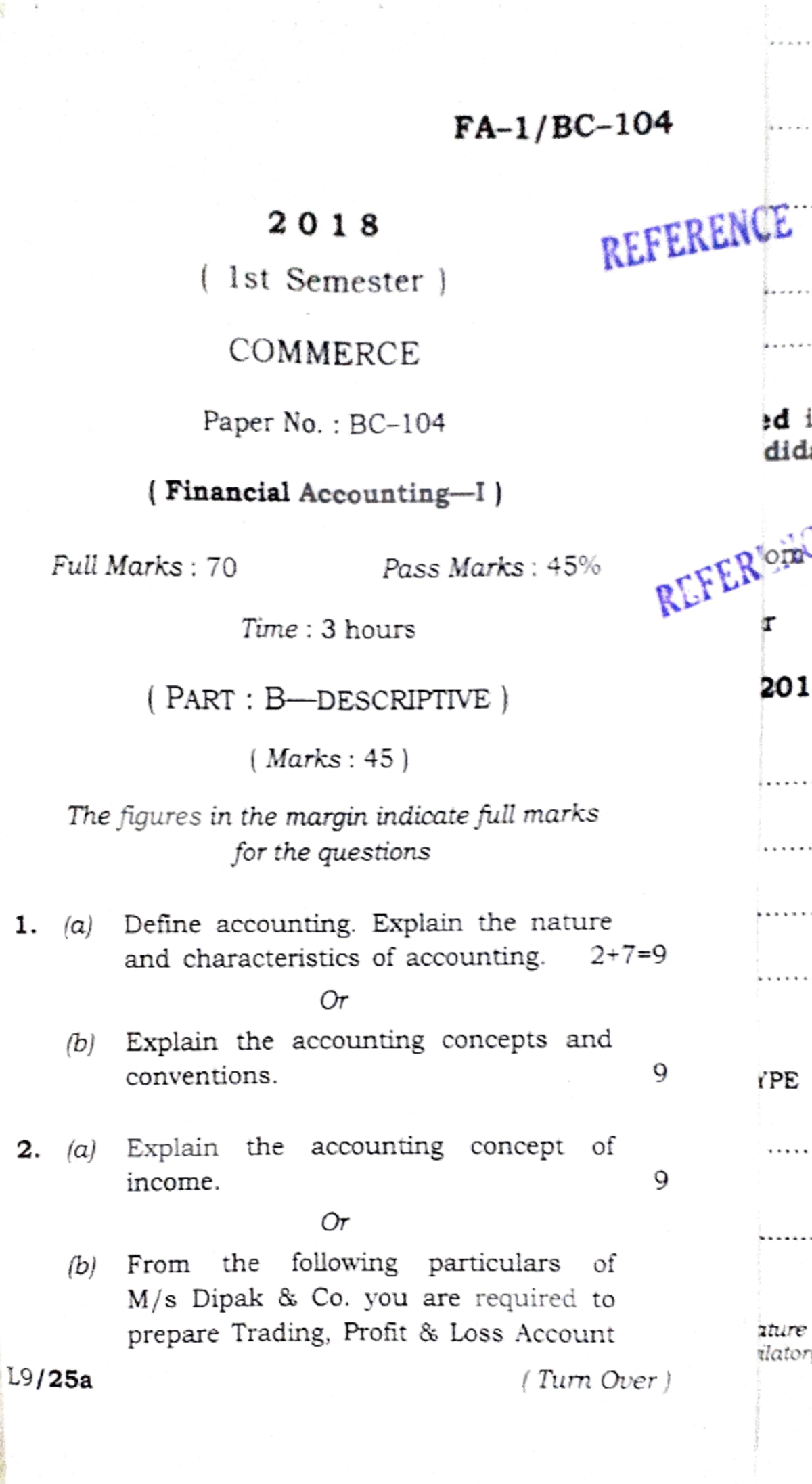 FA 2018 question papers - FA-1/BC- 2018 REFERENCE Ist Semester COMMERCE ...