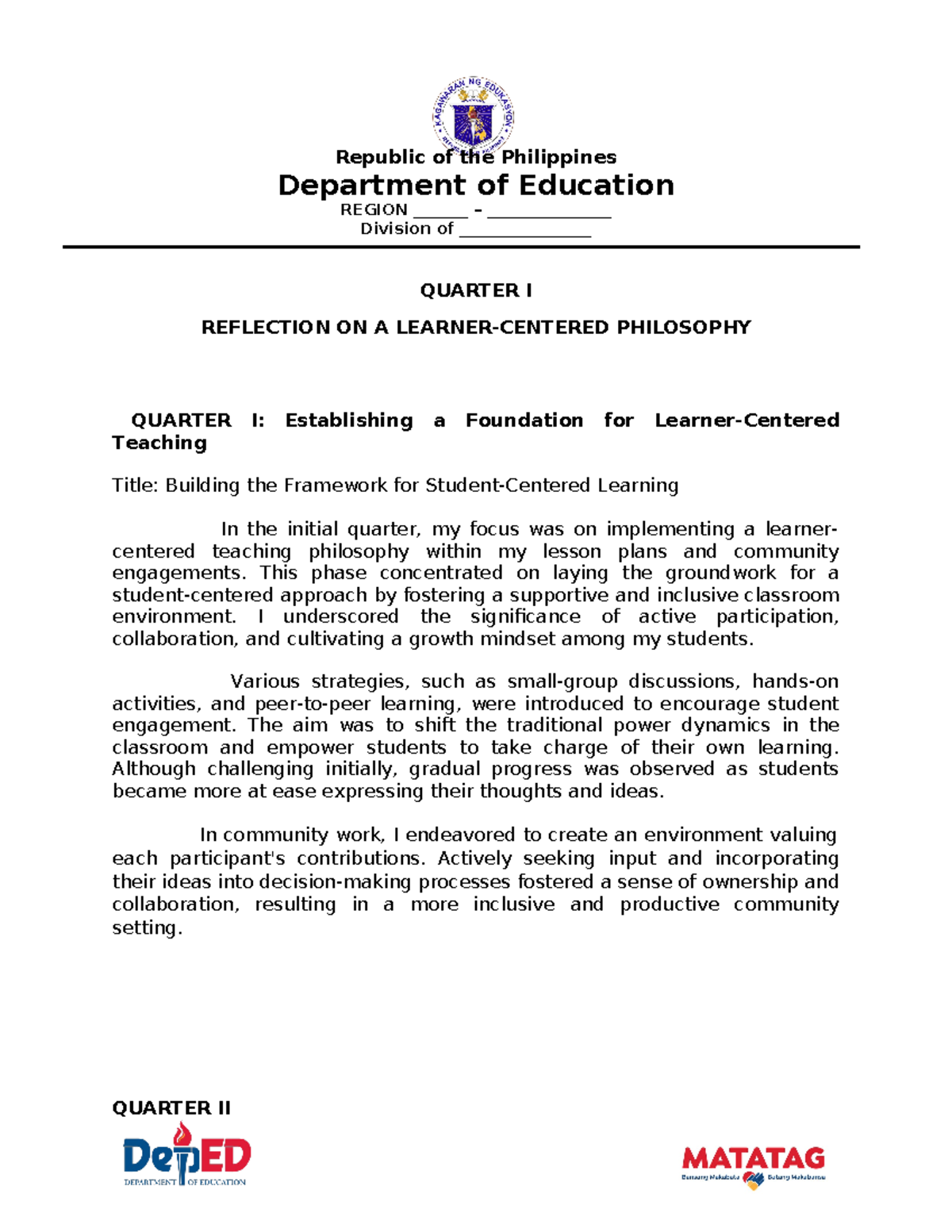 23. Reflection ON Learner- Centered Philosophy TI-III Sample- Objective 13 - Department of ...