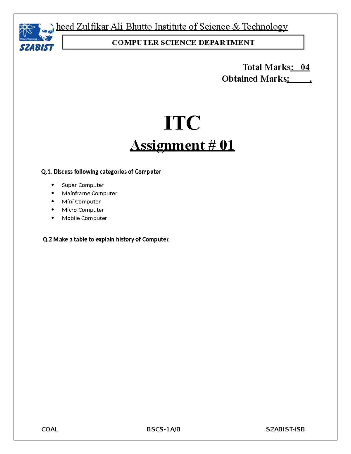 Assignment 1 With Solution Itc Computer Science Department Shaheed Zulfikar Ali Bhutto 