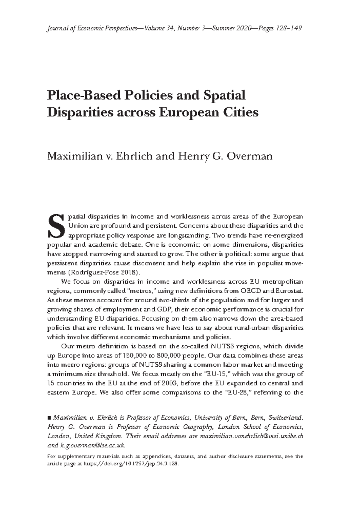Place-Based Policies and Spatial Disparities across European Cities ...