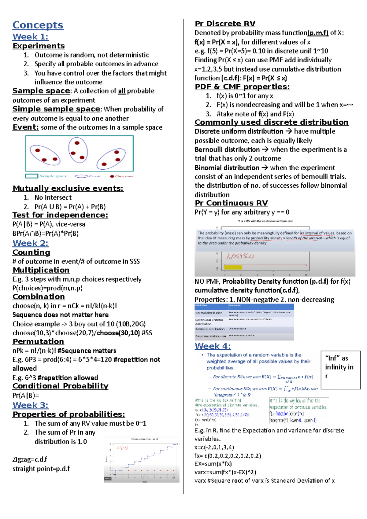 cheatsheet for ab1202 - Concepts Week 1: Experiments 1. Outcome is ...