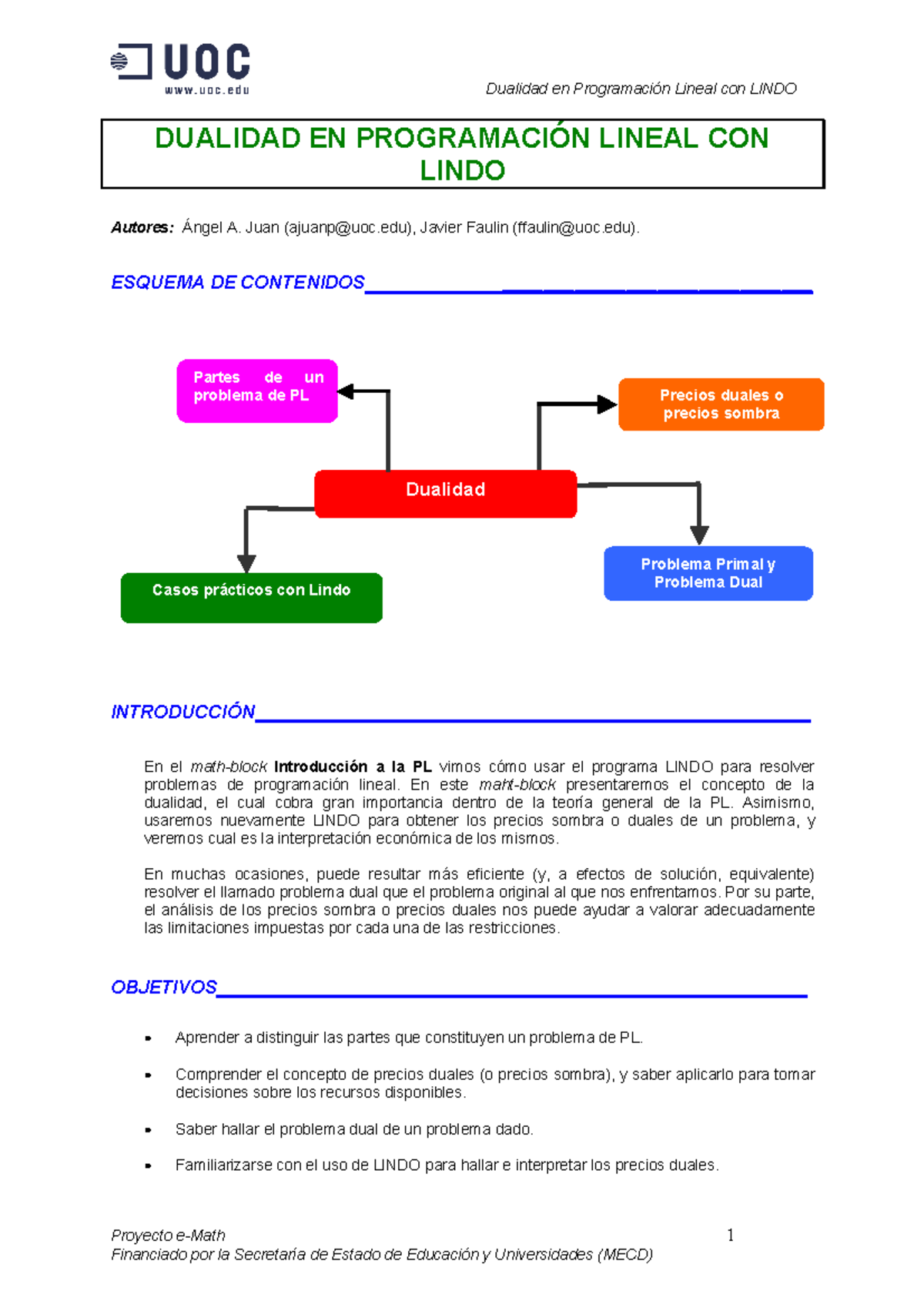 Dualidad EN Programación Lineal CON Lindo - Proyecto e-Math 1 DUALIDAD EN PROGRAMACIÓN LINEAL ...