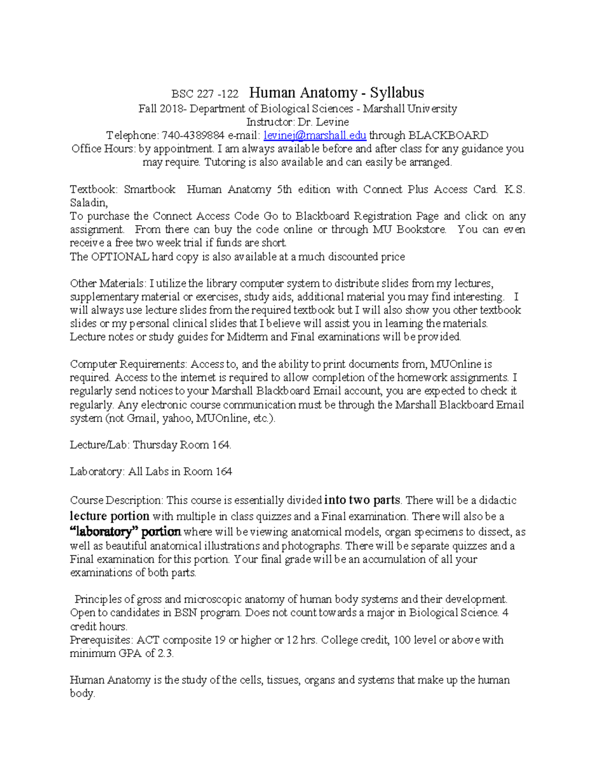 Humananatomy syllabus - BSC 227 -122 Human Anatomy - Syllabus Fall 2018 ...