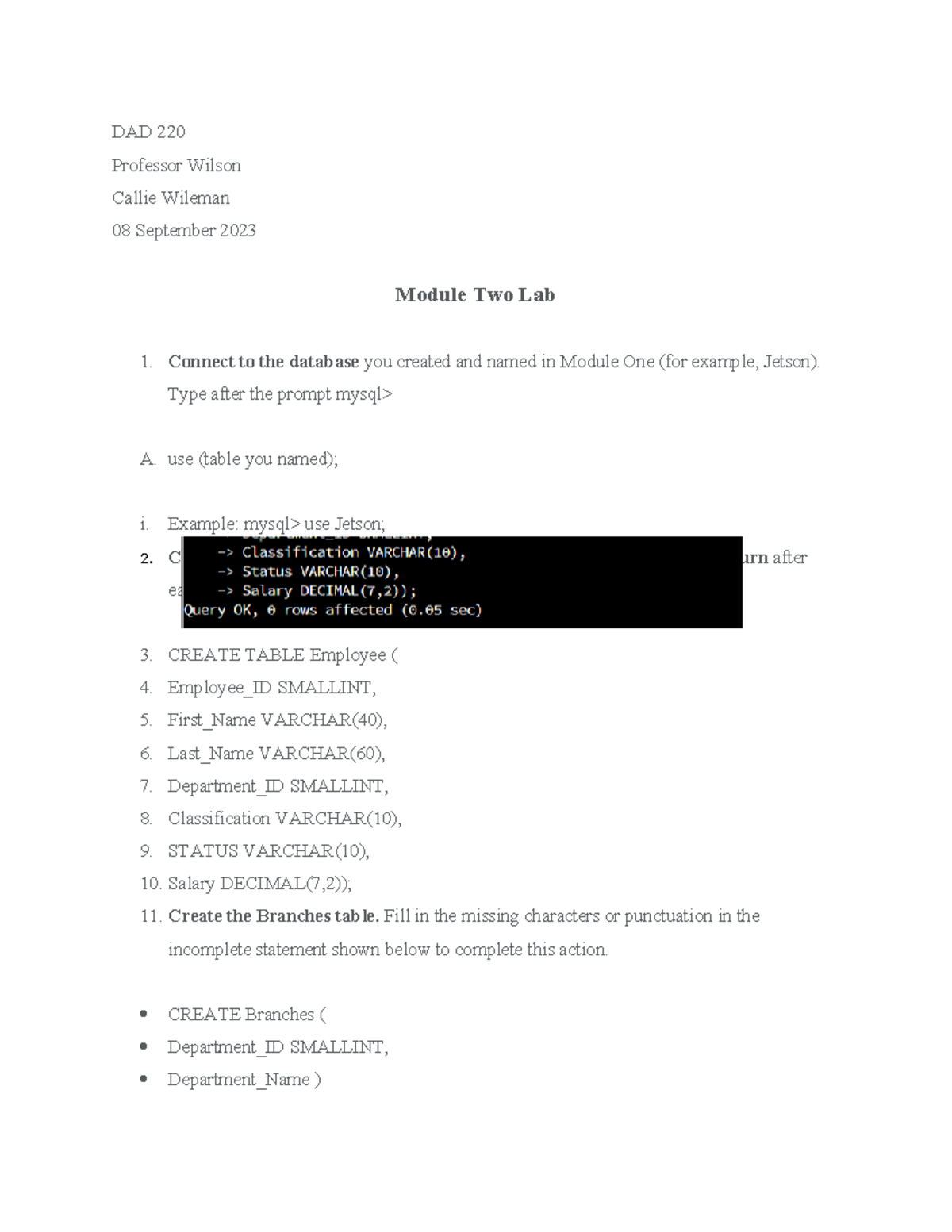 Module Two Lab - DAD 220 - Assignment - DAD 220 Professor Wilson Callie Wileman 08 September ...