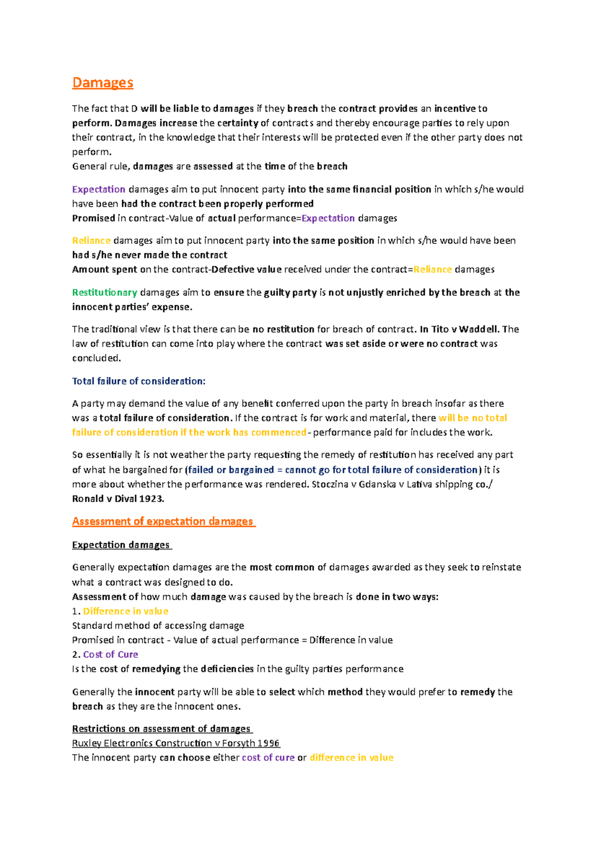 Damages - Summary revision notes - LAW-4006B - UEA - Studocu