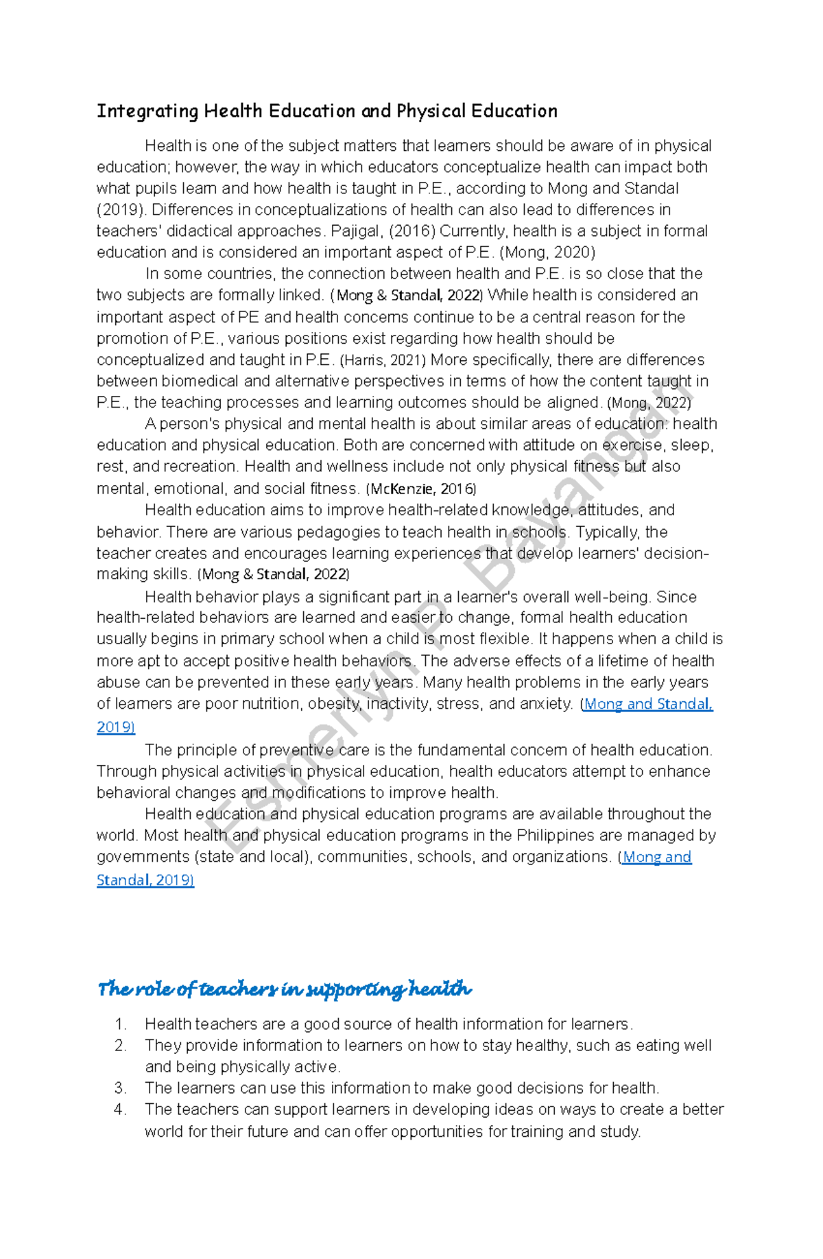 Integrating Health Education and Physical Education. Classroom ...