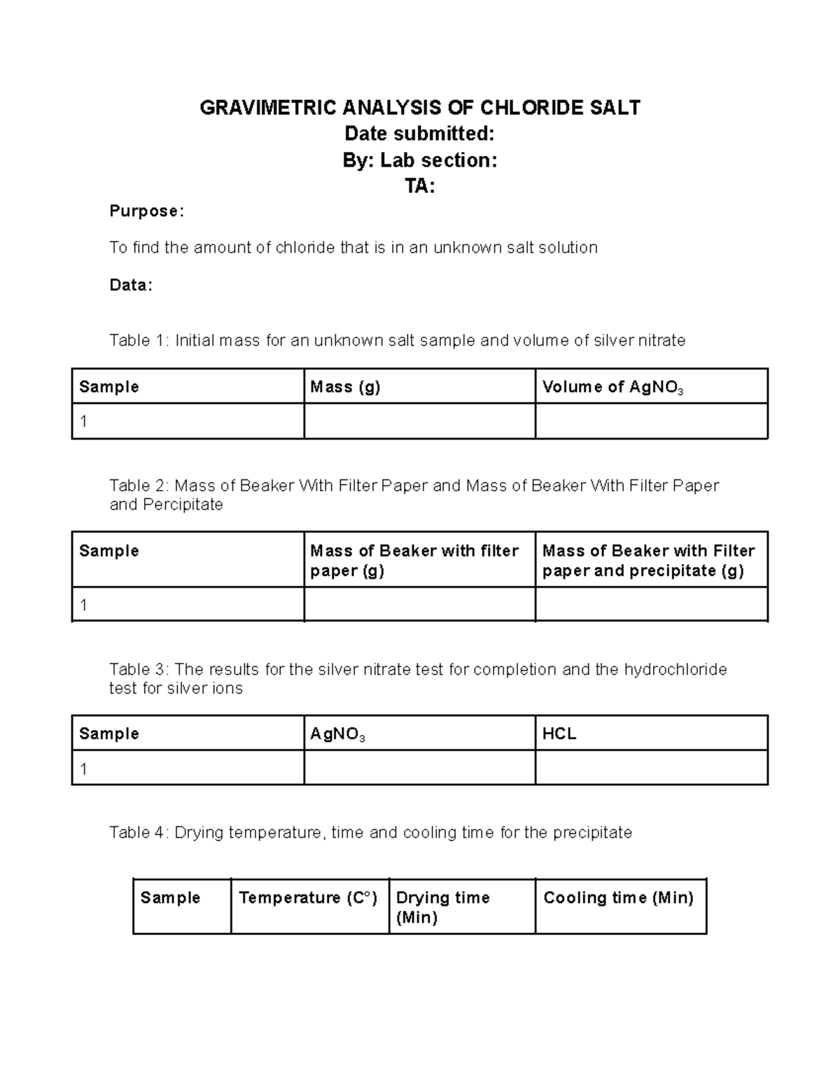 G Pre-Lab Report CHEM 1101 - GRAVIMETRIC ANALYSIS OF CHLORIDE SALT Date ...