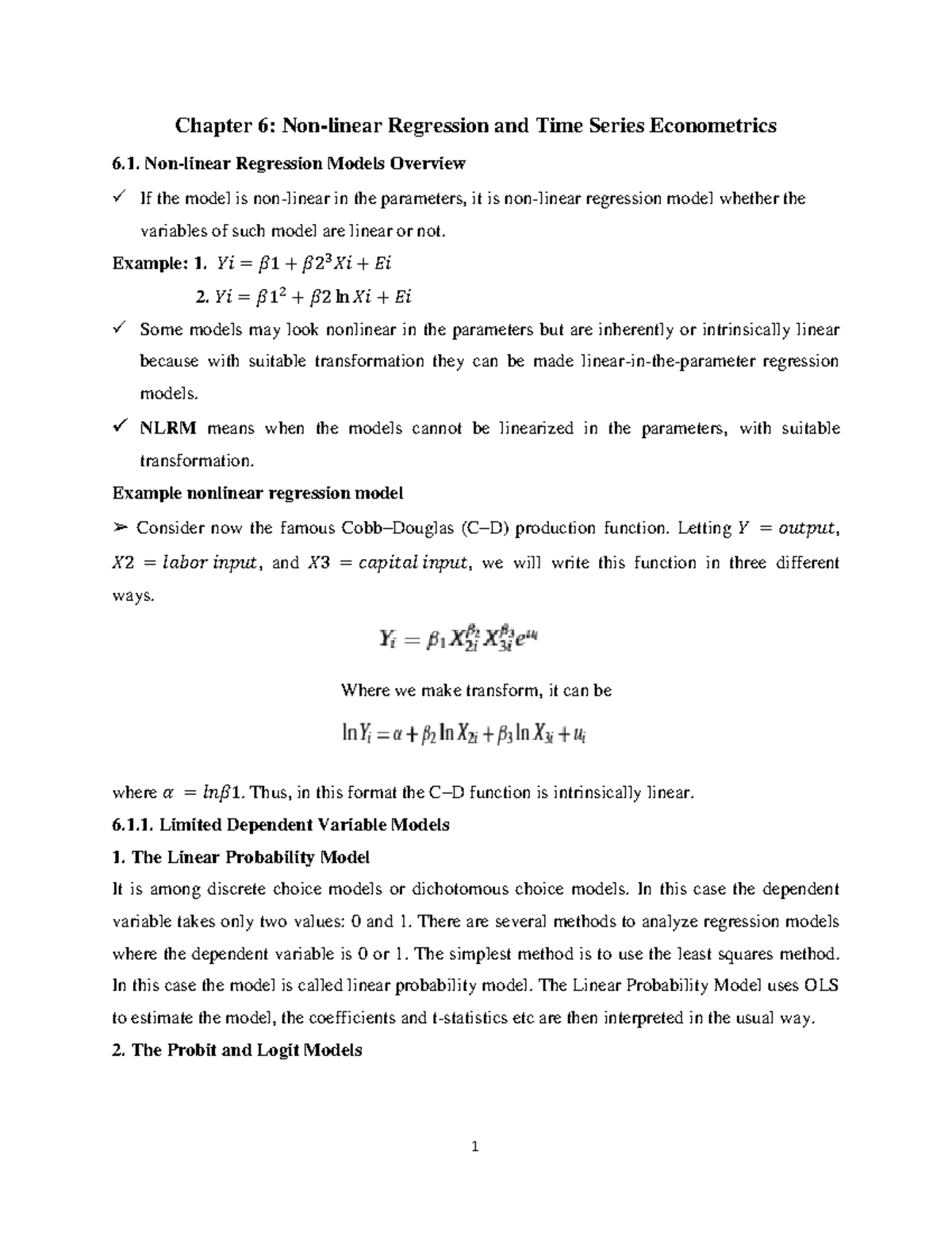 Cha 6 rdae econometrics - Chapter 6: Non-linear Regression and Time Series Econometrics Non ...
