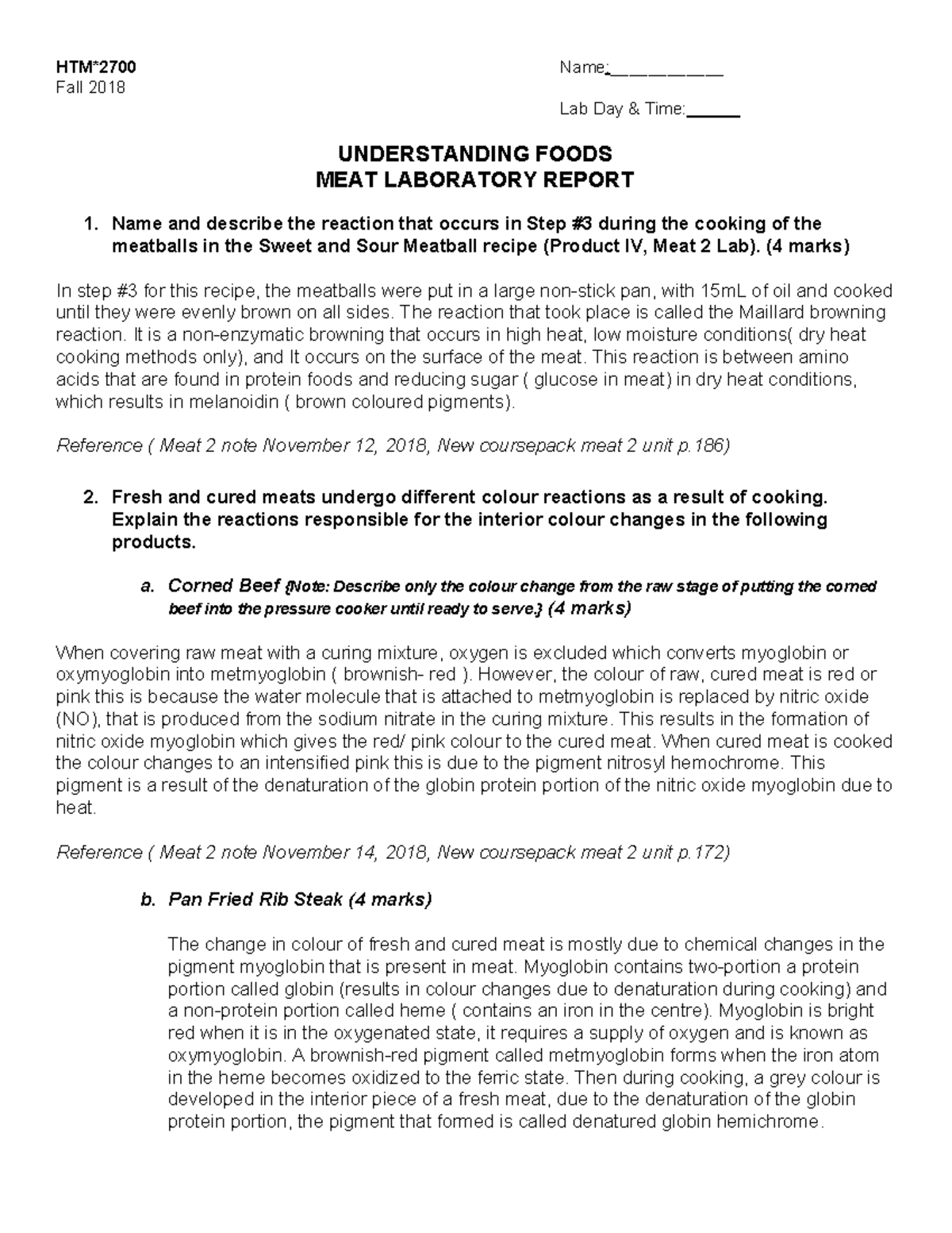 F18 - Meat Lab Report - Fall 2018 Lab Day UNDERSTANDING FOODS MEAT ...