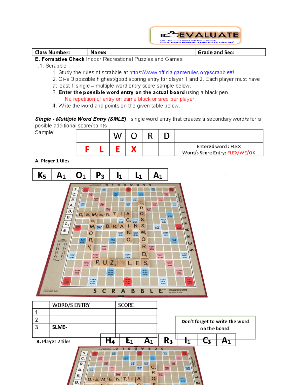 HOPE 2nd Grading WW2 Scrabble SMLE - Class Number: Name: Grade and Sec ...