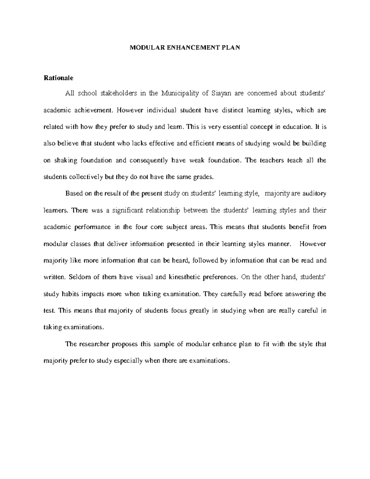 Modular Enhancement PLAN - MODULAR ENHANCEMENT PLAN Rationale All ...