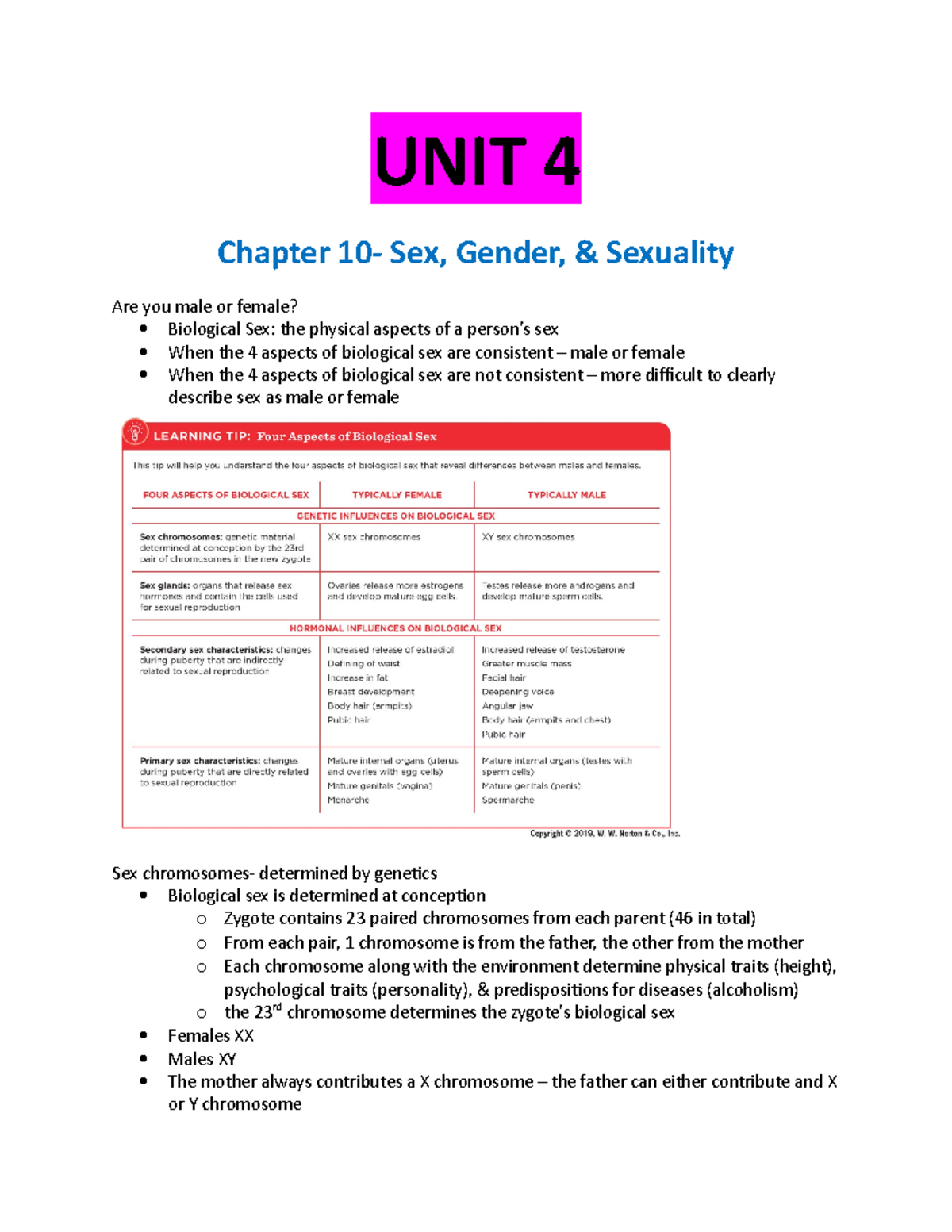 Psych 4 - Lecture notes 4 - UNIT 4 Chapter 10- Sex, Gender, & Sexuality ...