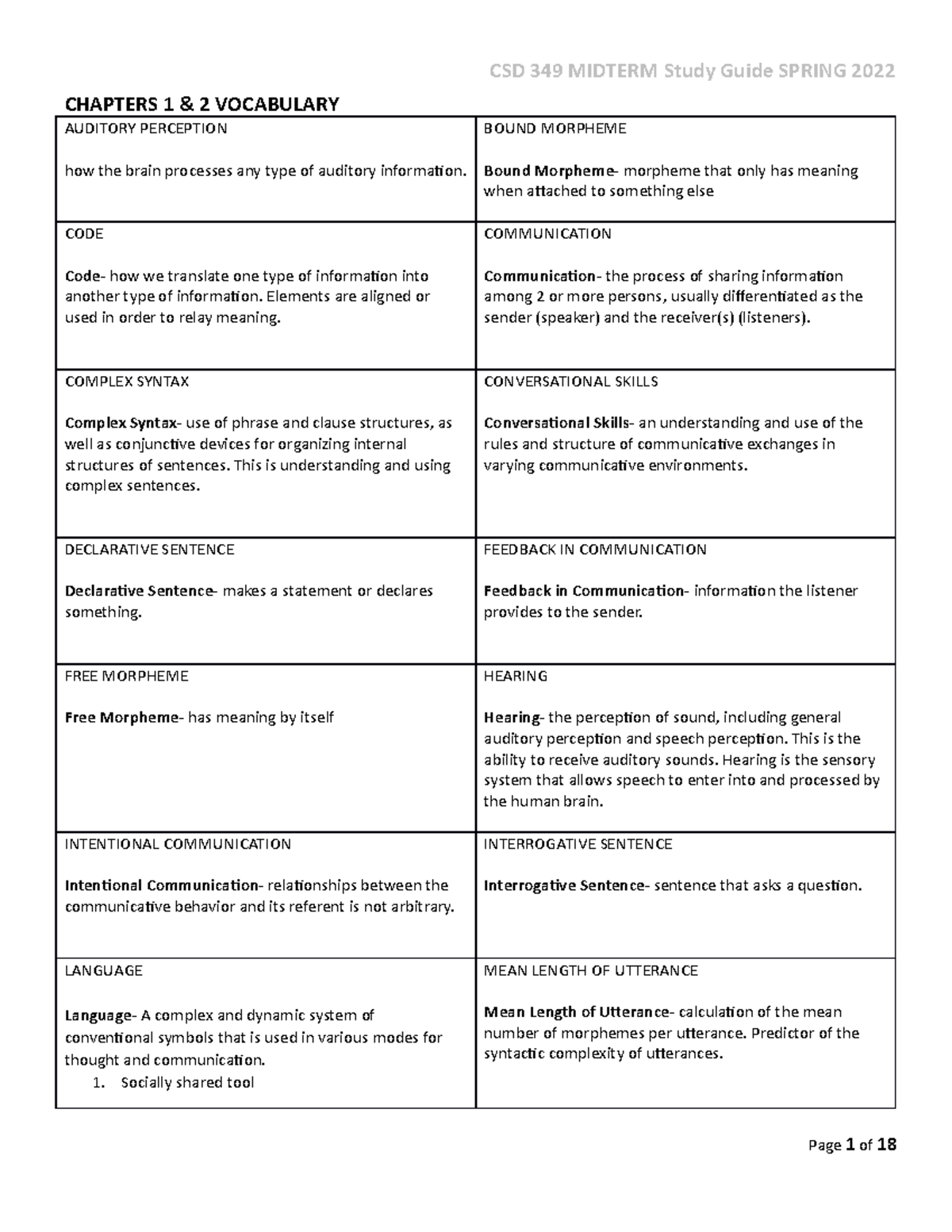 Midterm Study Guide Spring 2022 - CHAPTERS 1 & 2 VOCABULARY AUDITORY PERCEPTION how the brain ...