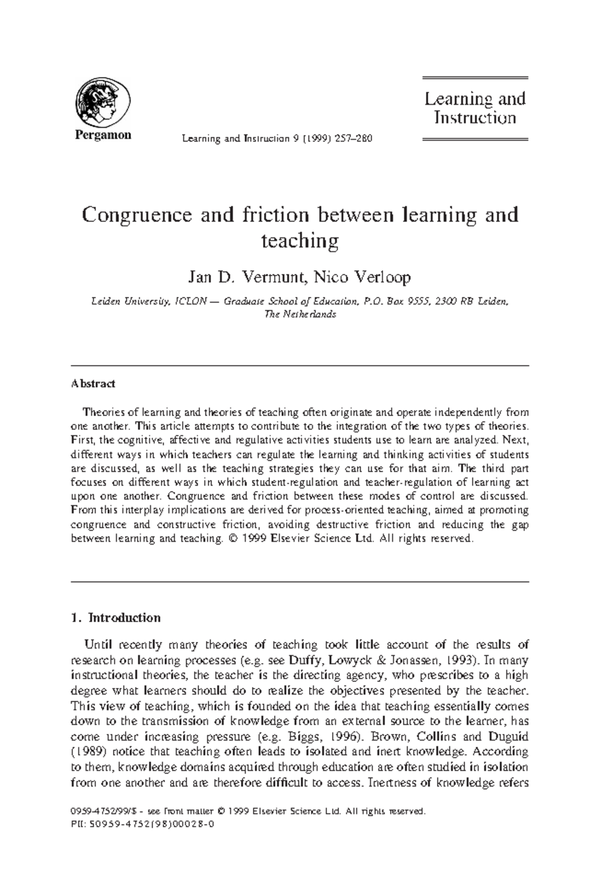 Congruence and friction between learning and teaching by Jan D. Vermunt, Nico Verloop - Learning ...