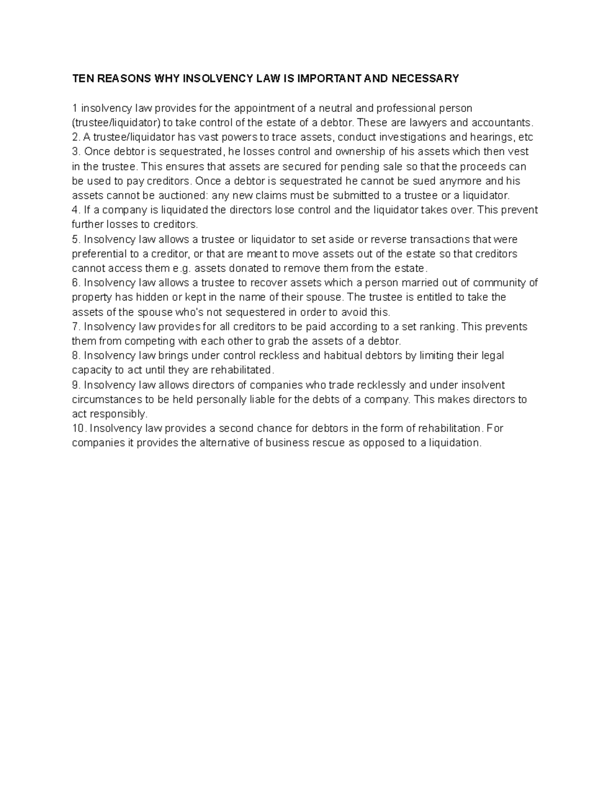 Insolvency LAW Justification - TEN REASONS WHY INSOLVENCY LAW IS ...