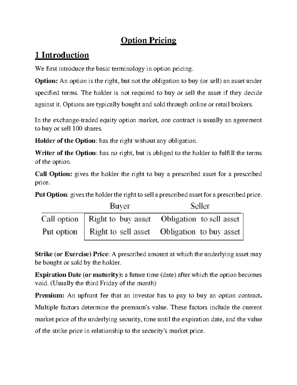 Introduction to Options- Lecture 1 - Option Pricing 1 Introduction We ...