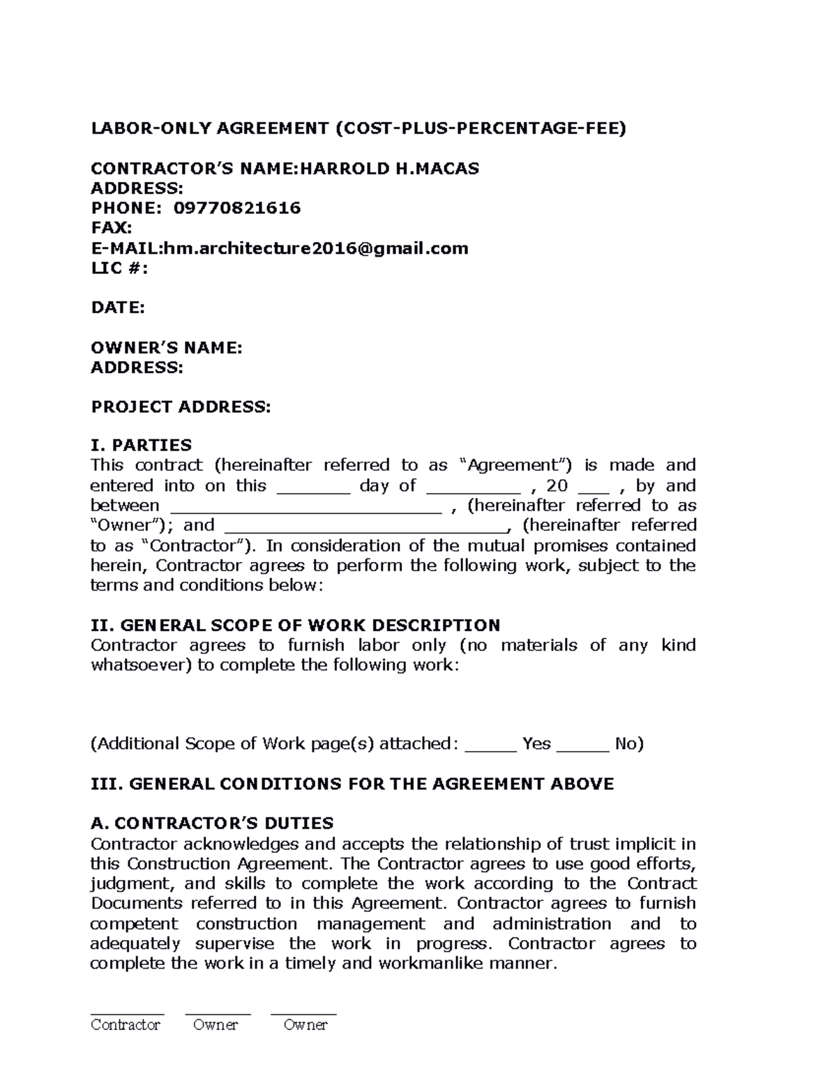Labor ONLY Agreement Xhxhh LABOR ONLY AGREEMENT COST PLUS labor-only-agreement-xhxhh-labor-only-agreement-cost-plus