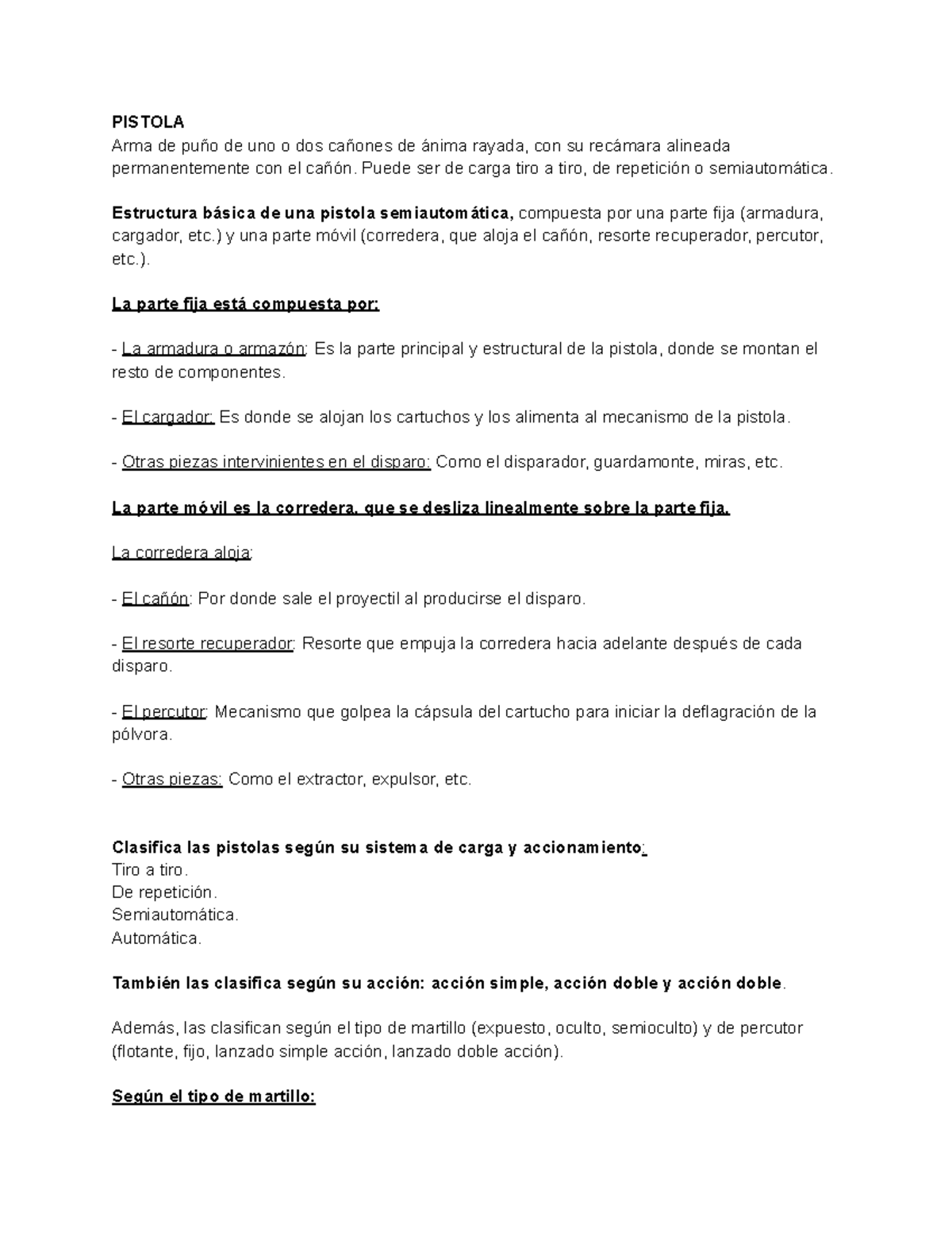 U5 Pistola resumen - PISTOLA Arma de puño de uno o dos cañones de ánima ...